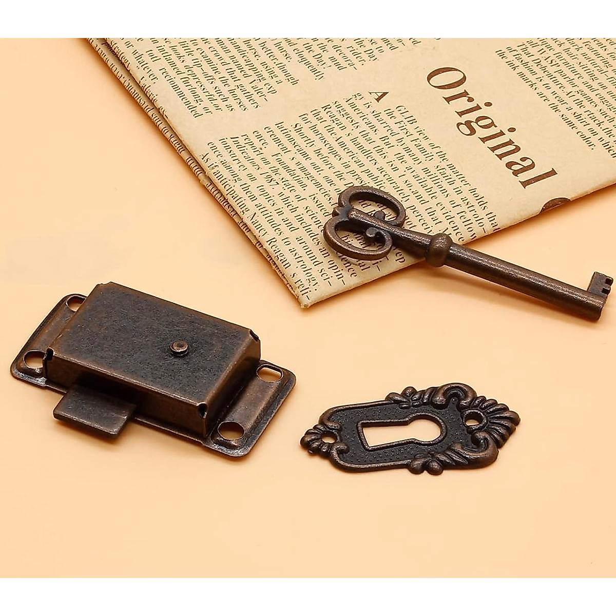 Kyuionty 2 Sets Skeleton Key Lock Decorative Antique Red Bronze Cabinet Lock with Key for Chest Cupboard Furniture