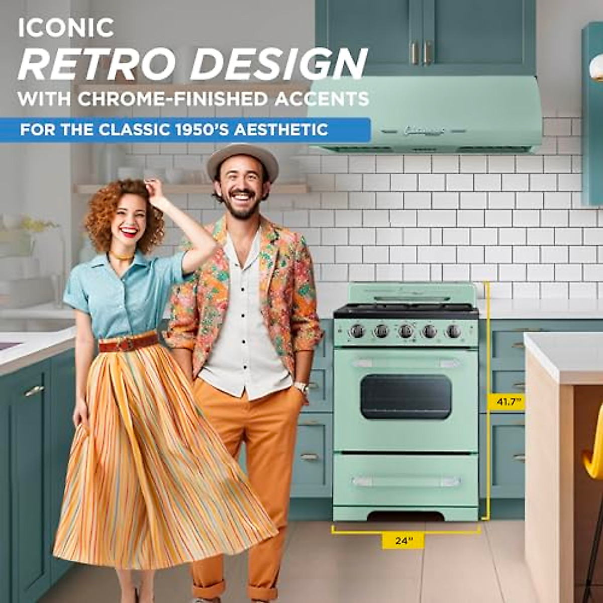 Unique Appliances UGP-24CR LG Classic Retro Freestanding Gas Convection Oven Light, Range with 4 Burners, 24", Summer Mint Green