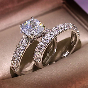 Bicheng 2-piece Zircon Super Bright Ring 925 Sterling Silver Crystal CZ Wedding Ring Engagement Ring Bridal Set Jewelry Gift (9)