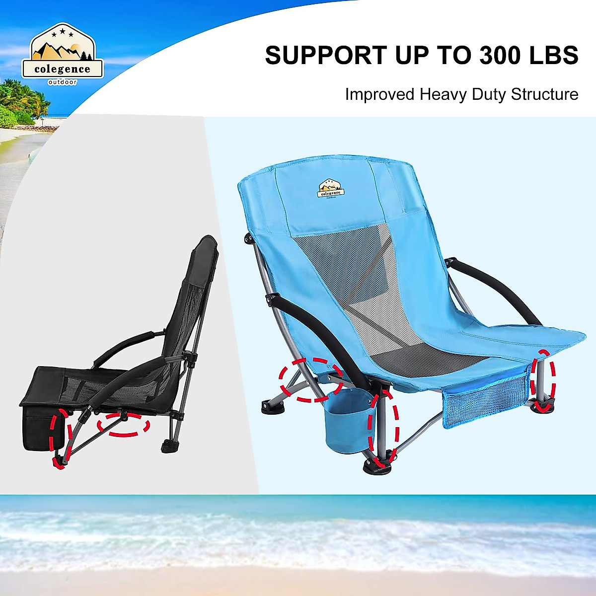 Colegence Low Back Camping Chair 2 Pack Support 300 LBS Carry Bag Included,Low Profile Folding Outdoor Chair,Camp Beach Chairs Set,with Phone Bag,Cooler Pocket,Cup Holder for Kids(2 Pcs Blue)