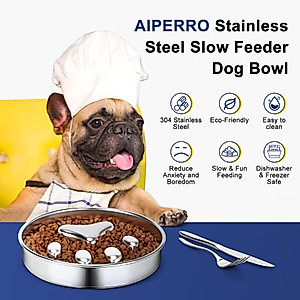 AIPERRO Slow Feeder Dog Bowls 304 Stainless Steel, 2 Cups Metal Food Bowls, Water Bowl for Small & Medium Sized Dogs, Fun Bloat Stop Pet Fast Eaters