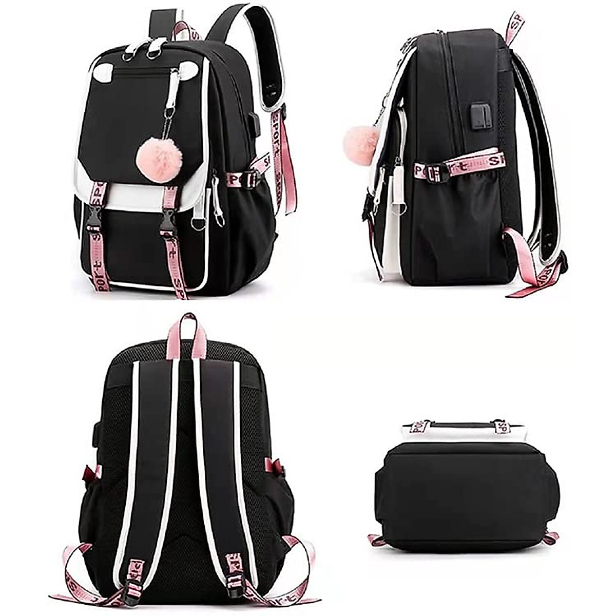 egen Kawaii Lightweight Schoolbag with USB Port USB Cable and Earphone Cord Set College Laptop Backpack Travel (Yellow Black,17 Inch)