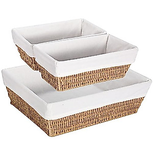 Vagusicc Wicker Storage Basket for Organizing, 3 Pack Woven Wicker Baskets with Handles and Liners, 15 Inch Large Decorative Storage Bins and Small Wicker Basket for Shelves Organizer, Natural