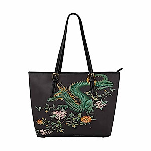 InterestPrint Flower Green Dragons Golden Roses Women's Genuine Leather Handbags Shoulder Tote Top Handles Crossbody Bag Satchel