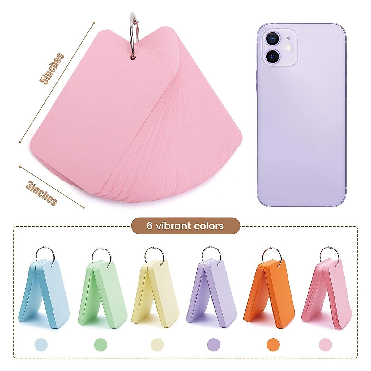 Koogel 480 Pcs Colored Index Cards, 3 x 5 Inch Study Cards Colored Notecards on Ring Flash Cards for School Learning Memory Recipe Cards Game Card