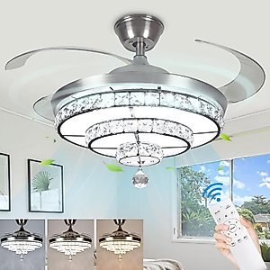 DLLT 42'' Crystal Ceiling Fan with Light, 36W Modern Reversible Ceiling Fan Remote, 3-Blade Retractable LED Fan Chandelier Indoor for Living Room, Bedroom, Dining Room, 3CCT 3000K-6000K, Nickel