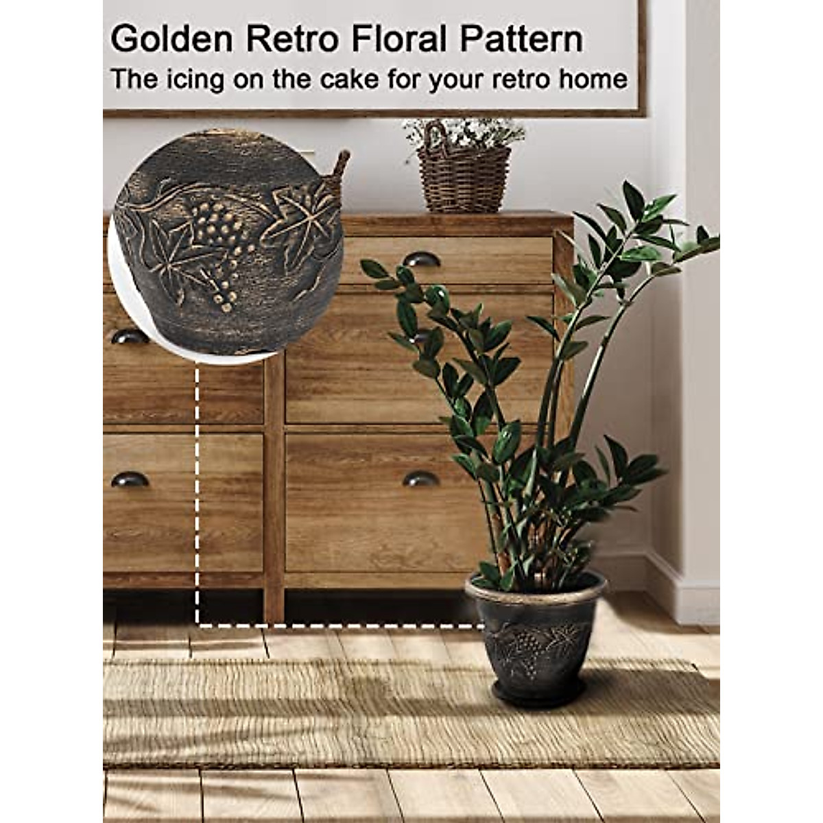 MADHOLLY Plant Pots with Drainage Holes & Saucers- Lightweight Resin Flower Pots- Retro Decorative Resin Planters for Indoor Outdoor Garden Flowers Plants (3 Pack)