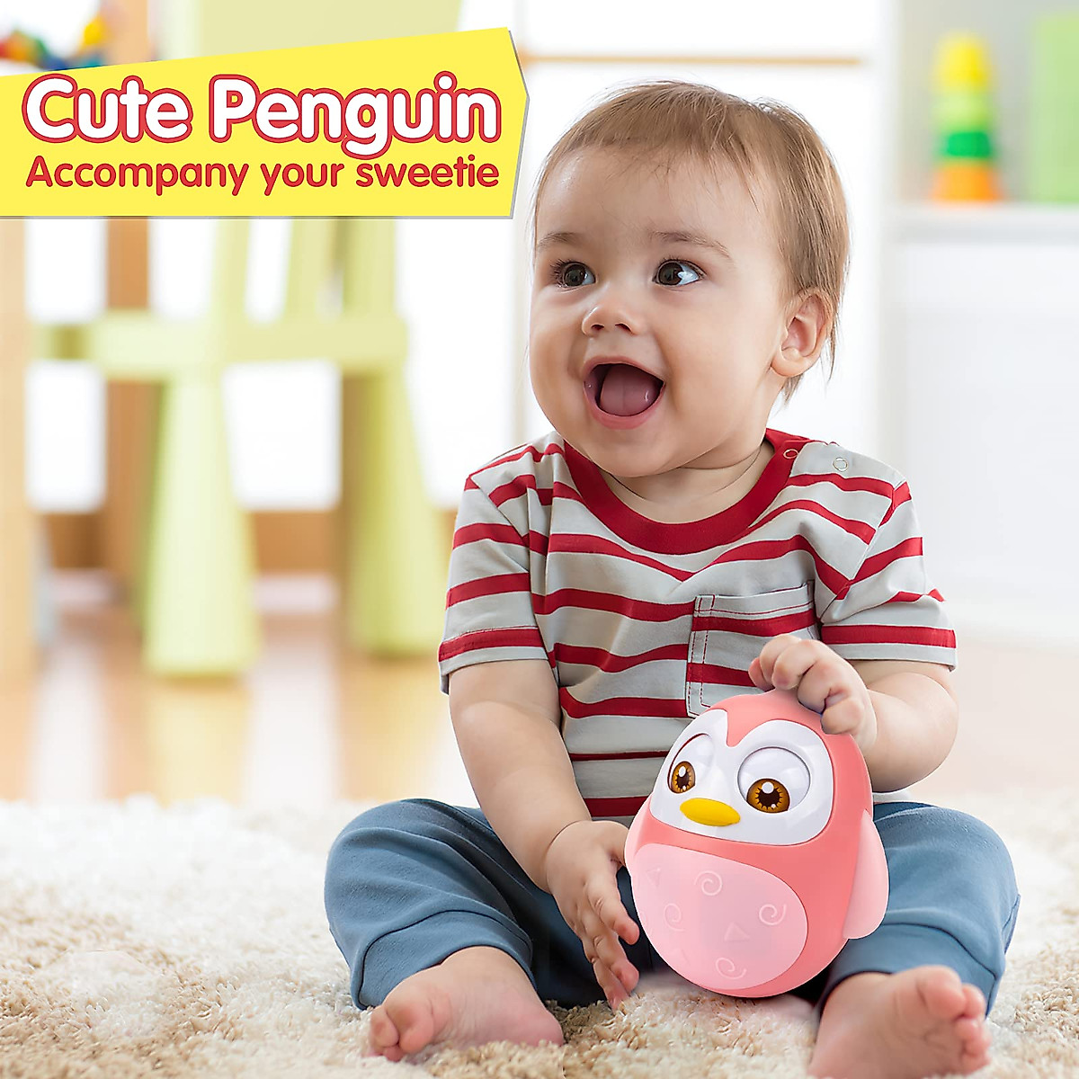 UNIH Roly Poly Baby Toys 6 to 12 Months Developmental, Tummy Time Wobbler Toy for Baby, Penguin Tumbler Wobbler Toys for Infant Boy Girl Gifts (Pink)