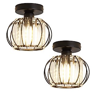 YYJLX 2 Pack Semi Flush Mount Ceiling Light Fixture Modern Small Crystal Chandelier Mini Indoor Ceiling Lamp for Bathroom Hallway Foyer Porch Hall Closet（Black）