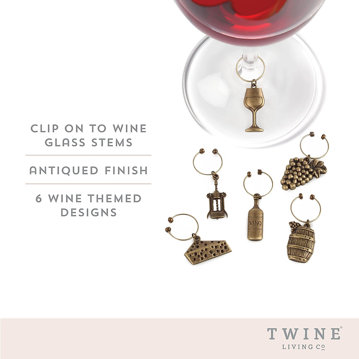 Twine Antiqued Farmhouse Decor Wine Charms, Drink Markers and Glass Markers for Wine Party and Birthday Party Favors, Wine Accessories, 6 Count