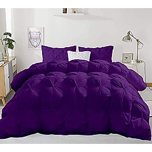All-Season 500 GSM Egg Plant Goose Down 5 Pieces Quiled Pinch Pleated Comforter Set ( Comforter + 4 Pillow Cases ) 1000 Series Egyptian Cotton Duvet Insert Oversized Queen