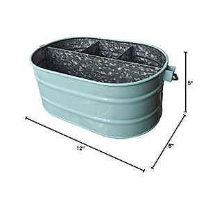 Homebia Designs Galvanized Metal Caddy with 4 Compartments, Rustic Farmhouse Kitchen Indoor Outdoor Picnic Utensil Holder, Multipurpose Storage Bin, Metal Garden Planters - 12 Inch - Aqua