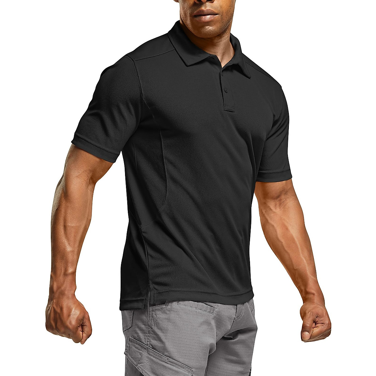 CQR Men's Polo Shirts, Tactical Short Sleeve Golf Performance Shirts, Lightweight Dry Fit UPF 50+ Pique, Frost Essential Black, Medium