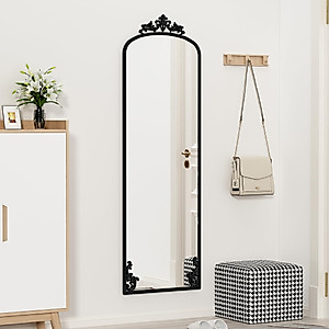 AZODY Arched Mirror Full Length with Stand, 65" x 21" Black Floor Length Mirror with Carved Metal Frame, Full Body Wall Mirror for Home Decor Wedding Entryway Living Room