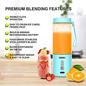Blend Portable Blender Jet for Shakes and Smoothies, OBERLY Personal Travel Blender for Protein with 4000mAh USB Rechargeable Battery, Crush Ice, Frozen Fruit and Drinks, 18 oz Mini Travel Cup, Blue 1