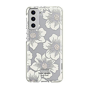 kate spade new york Defensive Hardshell Case Compatible with Samsung Galaxy S21+ 5G - Hollyhock Floral Clear/Cream with Stones/Cream Bumper