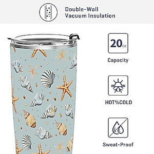 Small Starfish and Shells Light Blue Stainless Steel water bottle with straw Leak-proof Lid and Straw coffee mug for men for Water, Iced Tea or Coffee portable insulated tumbler with lid 20 OZ