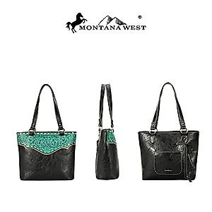 Trinity Ranch Tooled Collection Concealed Carry Tote for Women Large Top Handle Bag Western Handbags with Wallet TR150G-8317BK+W