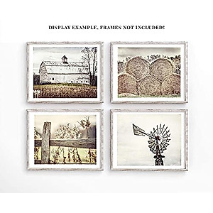 Lisa Russo Fine Art - Farmhouse Wall Decor Set of 4 Country Rustic Landscape Photographs - Barn, Fence, Hay, Windmill - Set of 4 - Not Framed - Beige, Tan, White (4 8x10 Prints)