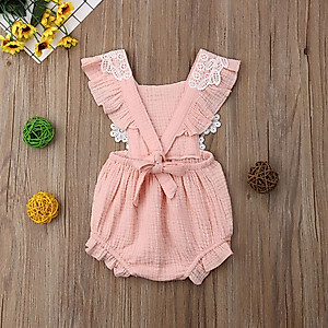 KMBANGI Cute Infant Newborn Baby Girl Lace Ruffle Romper Jumpsuit Bodysuit Summer Outfit Clothes (12-18 Months, Pink)