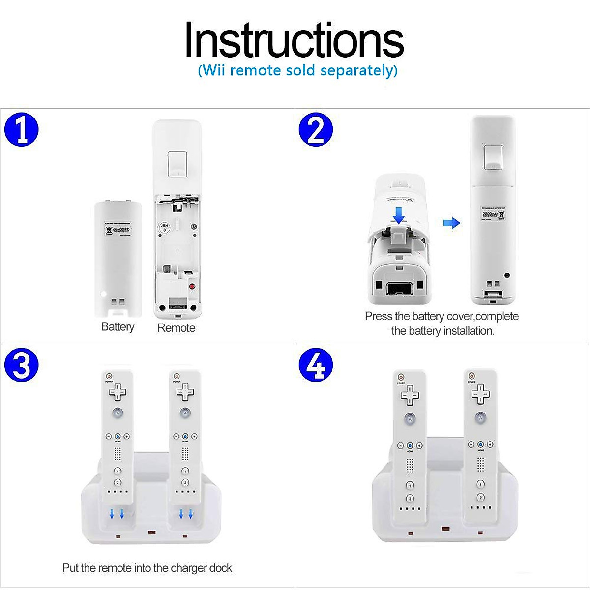 Wii U Charger Dock Station for Wii Remote & Wii U Gamepad with 2 Rechargeable Batteries Charging Cable Led Indicator -White