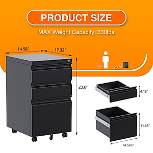 Reemoon Metal Rolling File Cabinet with 3 Drawers, Under Desk Mobile Filing Storage Cabinet with Lock for Home Office Scool,Required Assembly,Black