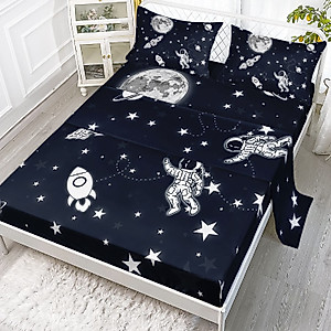 Datura home Astronaut Space Sheet Bedding Set 4Pcs Astronaut Space Rocket Printed Sheet Set with 1 Flat Sheet and 1 Fitted Sheet + 2 Pillowcases for Boys Bedroom(Space Astronaut Twin)