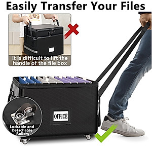 File Box with Wheels, Fireproof Document box with 5 Tabs & Inserts, Rolling File Organizer Cabinet for Home Office, Portable Collapsible File Storage with Lock for Hanging Letter/Legal Size Folder
