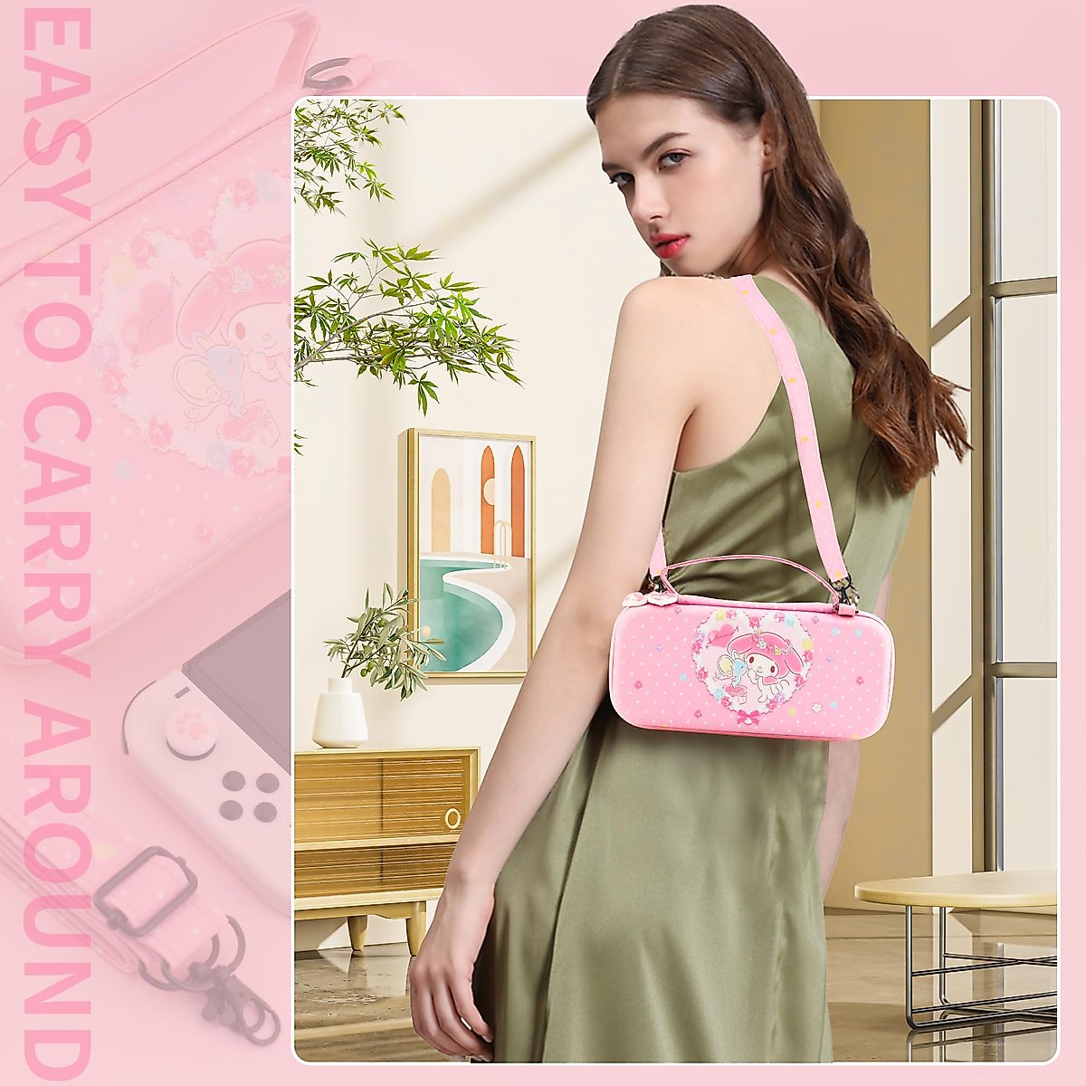 FUNDIARY Cute Bunny Carrying Case for Nintendo Switch and Switch OLED, Pink Portable Travel Case Built-in 10 Game Card Slots for Switch Console Joycon & Accessories with Shoulder Strap and 2 Thumb Cap