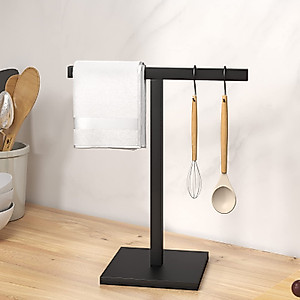 Pynsseu Hand Towel Holder Stand, Matte Black SUS304 Stainless Steel Freestanding T-Shape Towel Bar Rack for Bathroom Kitchen Vanity Countertop