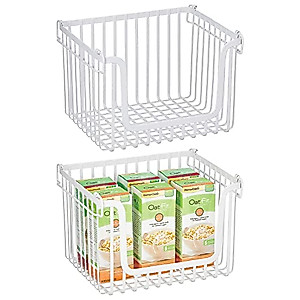 mDesign Large Stacking Wire Baskets Food Organizer Storage Metal Basket with Open Front for Kitchen Cabinet, Pantry, Cupboard, and Shelves, Organize Fruits, Snacks, and Vegetables, 2 Pack, Matte White