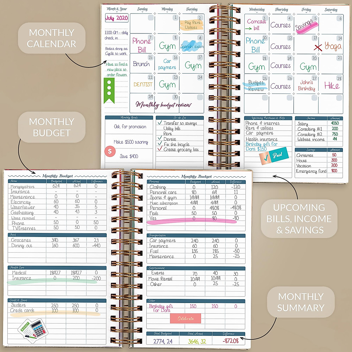 GoGirl Budget Planner & Monthly Bill Organizer – Monthly Financial Book with Pockets. Expense Tracker Notebook Journal, Compact (Seashell)