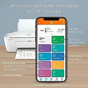 HP (Renewed) DeskJet 2752e Wireless All-in-One Instant Ink Ready Color Inkjet Printer, White - Print Scan Copy - Icon LCD Display, 1200 x 1200 dpi, WiFi, Bluetooth, USB