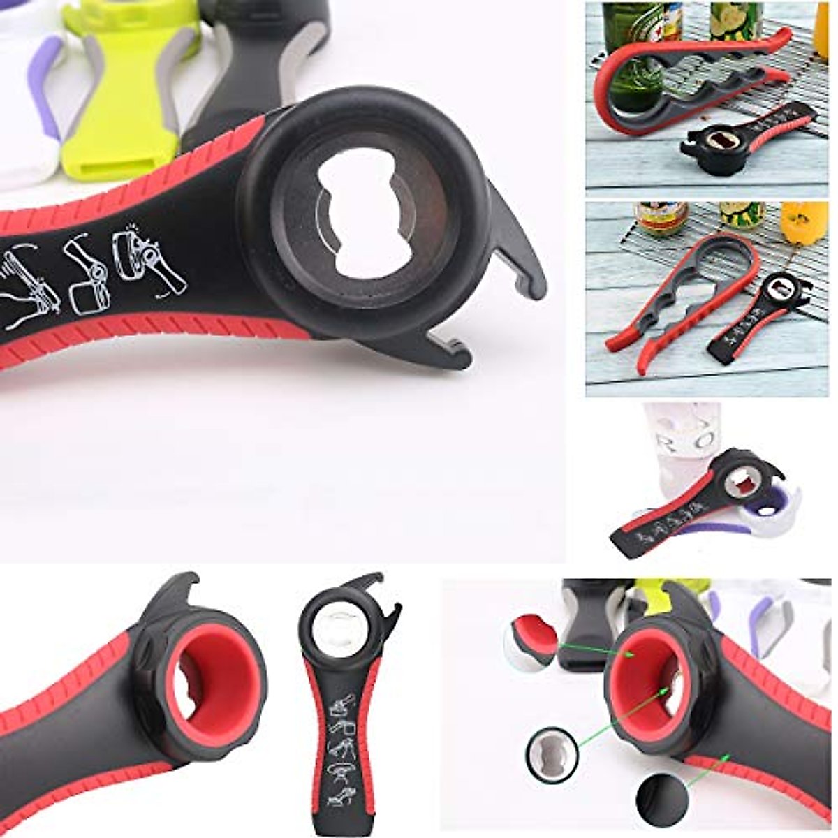 Jar Opener 4&5 in 1 Can Opener Set,Multifunctional Can Opener Kitchen Gadgets，Bottle Opener Kit with Silicone Handle Openers for Arthritic Hand&rubber Jar Opener for Week Hands (Red)