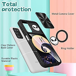 Joyleop (2in1 for Samsung Galaxy A03S Case Cartoon Cute Moon CP for Girls Pretty Women Teen Kids Girly Phone Covers Black Pattern Design with Slide Camera Cover+Ring Holder for Galaxy A03S 6.5”