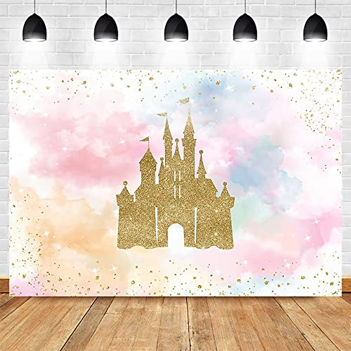 Mocsicka Princess Castle Birthday Backdrop Watercolor Pastel Rainbow Birthday Background Gold Glitter Royal Birthday Party Cake Table Decoration Photo Booth Props (7x5ft)
