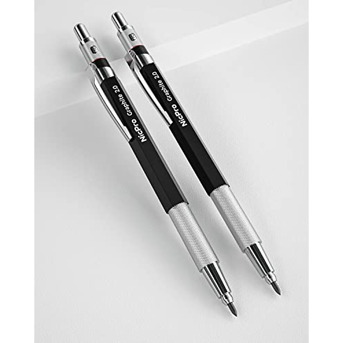Nicpro 2mm Metal Mechanical Pencil Set, 2PCS Lead Holder 2.0 mm Marker Artist Carpenter Pencils with 120 Graphite Lead Refill (HB 2H 4H 2B 4B & Color), 2 Eraser for Drafting, Drawing Writing Sketching