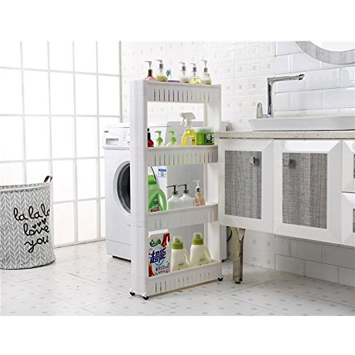 Slim Slide Out Pantry Storage Rack Mobile Shelving Unit Organizer 4 Large Baskets