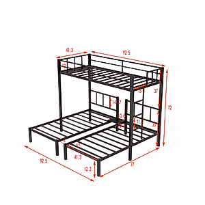 Bellemave Triple Bunk Bed for 3 Metal Twin Over 2 Twin Bunk Bed with Shelf for Kids Boys Girls, Detachable Triple Bunk Bed Can be Divided Into Three Beds, Black