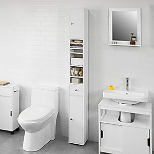 Haotian BZR34-W, White Tall Bathroom Storage Cabinet with 1 Drawer, 2 Doors and Adjustable Shelves, Bathroom Shelf, 7.87 x 7.87 x 70.87 Bathroom Tall Cabinet Cupboard