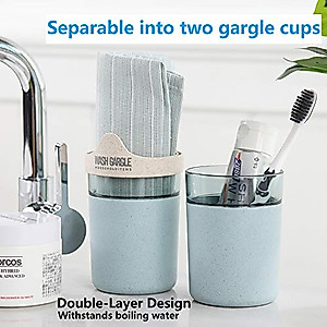 Travel Toothbrush Case & 2 Pack Gargle Cup, YEEHO Portable Electric Toothbrush Container Natural Wheat Straw Dual Holder Towel Toothpaste Organizer Storage for Outdoor Business Trip Wash,Blue