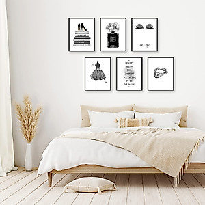 Admmixoo Fashion Wall Decor Girls Room Decor Glam Silver Gray Wall Art Prints Mini Black Skirt, Flower Perfume Bottle, Book, Lips Motto Posters Prints Bedroom Decor (8"x10" UNFRAMED)