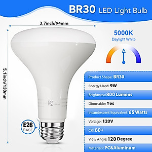 VOLIVO BR30 LED Bulbs 12 Pack, Dimmable Flood Light Bulb,5000k Daylight Light Bulbs, 9W Equivalent 65W Incandescent Blubs,800 Lumens, E26 Base, CRI 80,Recessed Light Bulb for Ceiling,Kitchen