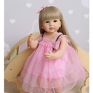 RXDOLL Reborn Baby Dolls Full Body Silicone Vinyl Girl 22 inch 55 cm Realistic Lifelike Toddlers Newborn Baby Doll Waterproof with Blond Long Hair Pink Dress for Girls Birthday