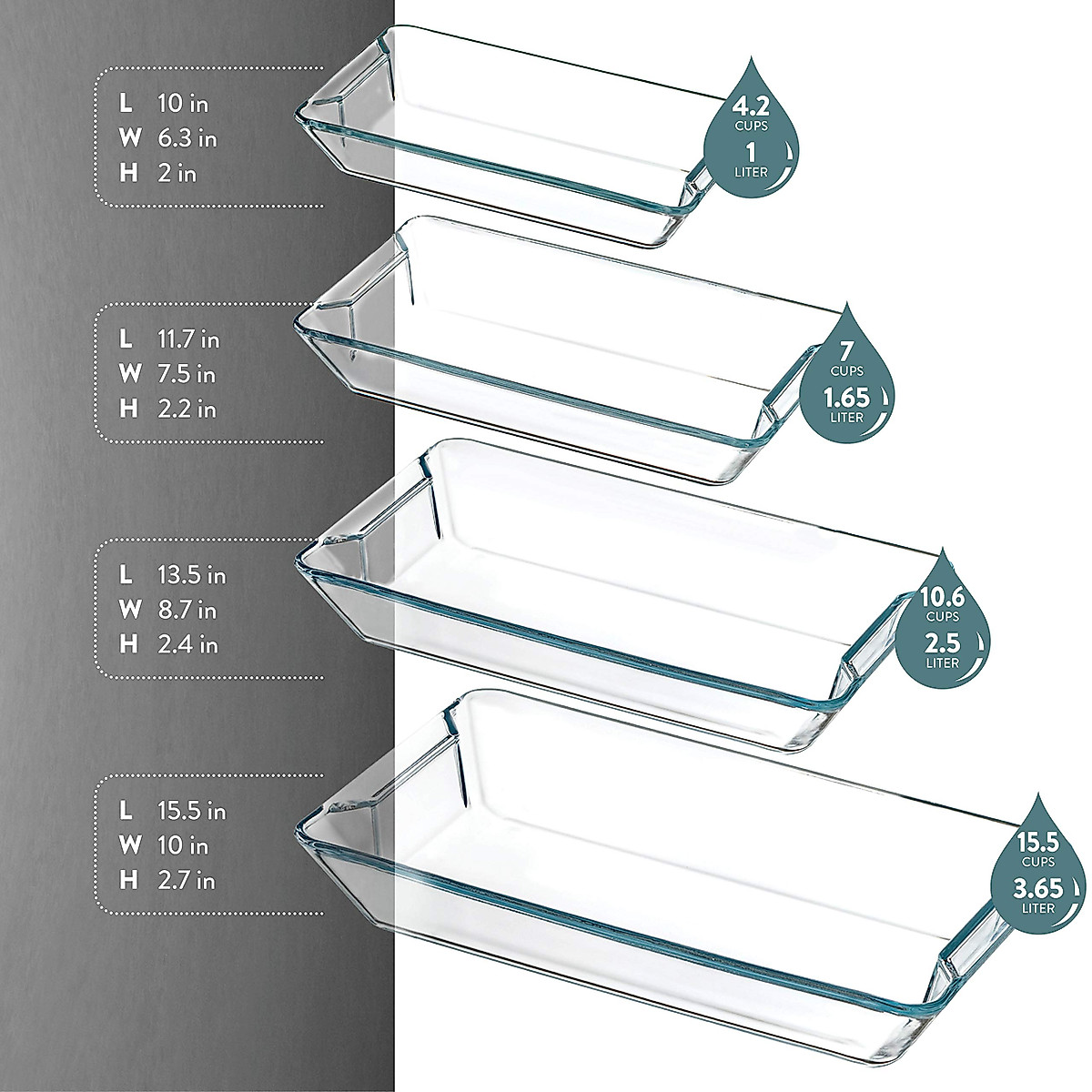 4-Piece Rectangular Glass Casserole Dish Set - Modern Design, Grip Handles, Nesting Storage