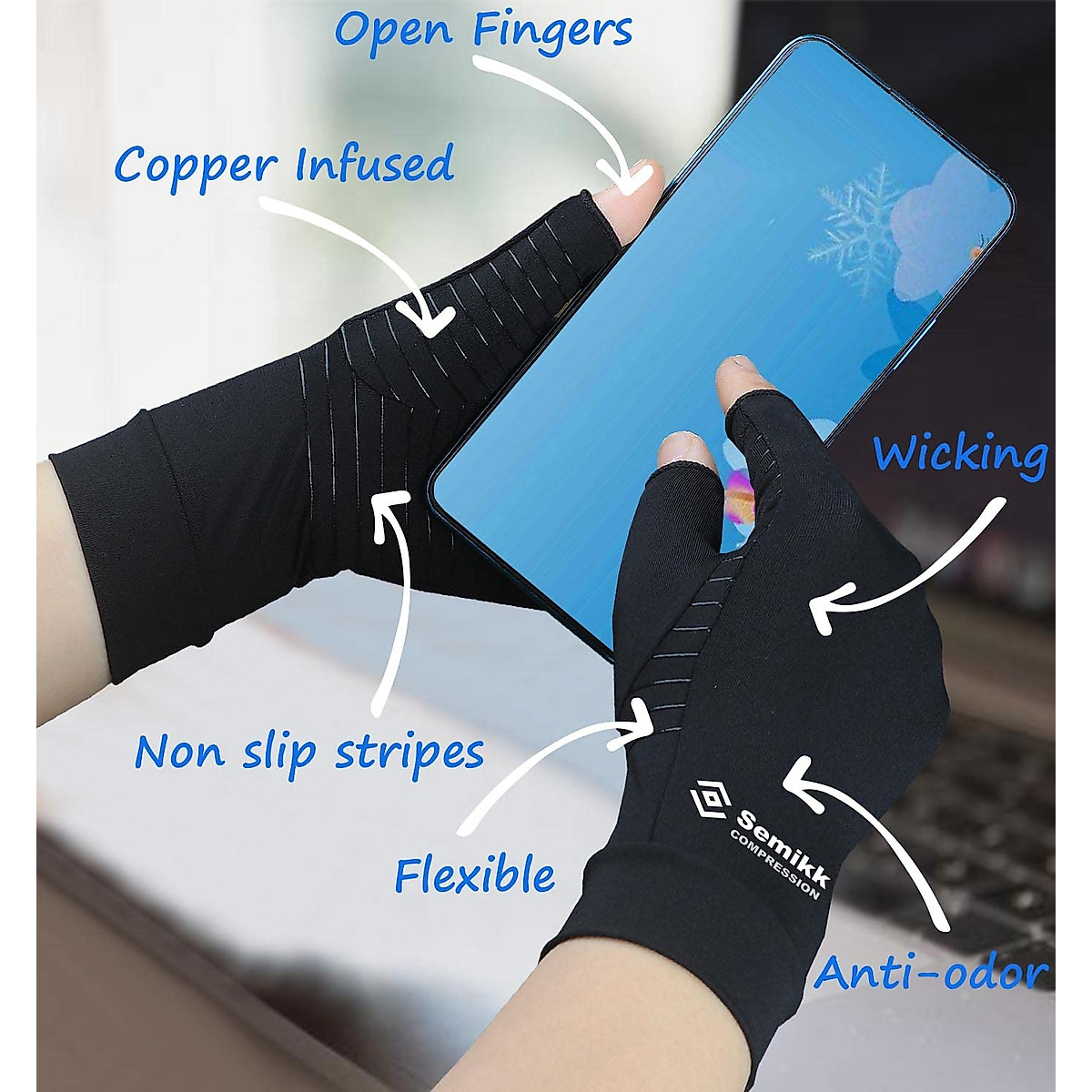 Semikk 2 Pair Compression Gloves for Women Men, Copper Arthritis Gloves for Rheumatoid Arthritis Osteoarthritis Carpal Tunnel