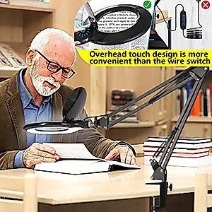 HITTI 10X Magnifying Glass with Light and Stand, 2200 Lumens Bright Touch LED Magnifying Desk Lamp, 3 Color Modes Stepless Dimming, Adjustable Swing Arm Lighted Magnifier for Close Work, Crafts-Black