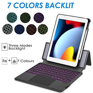 eoso Trackpad iPad Keyboard Case for Apple iPad 10.2" 2021 9th&8th&7th Gen, Air 3,Pro 10.5-7 Color Backlight,Touchpad Detachable Slim Cover with Pencil Holder (10.2"/10.5",Black)