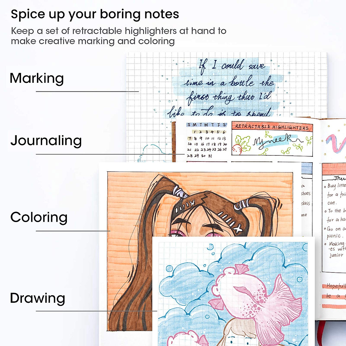 Writech Retractable Highlighters Assorted Colors: Chisel Tip Click Aesthetic Highlighter Marker Pens Pack Multi Colored Ink No Bleed Smear for Highlighting Journaling (12ct Neon+Pastel)