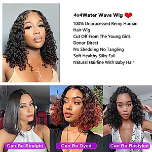 Arrebol 14 Inch Closure Bob Wig Human Hair Water Wave Closure Wigs for Black Women 4x4 Short Curly Bob Wigs Human Hair Pre Plucked with Baby Hair 150% Density Natural Color (14 Inch)